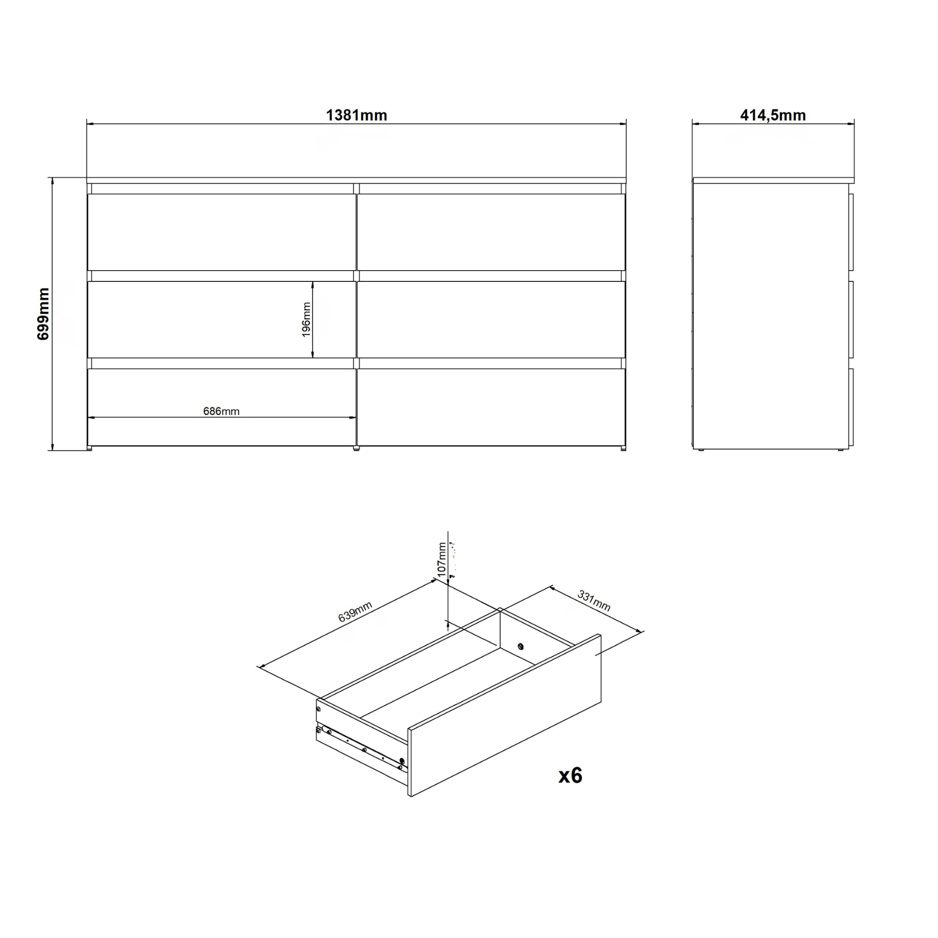 Maise Kommod 70x138 x41 cm med 6 lådor i vitt– Nimara.se